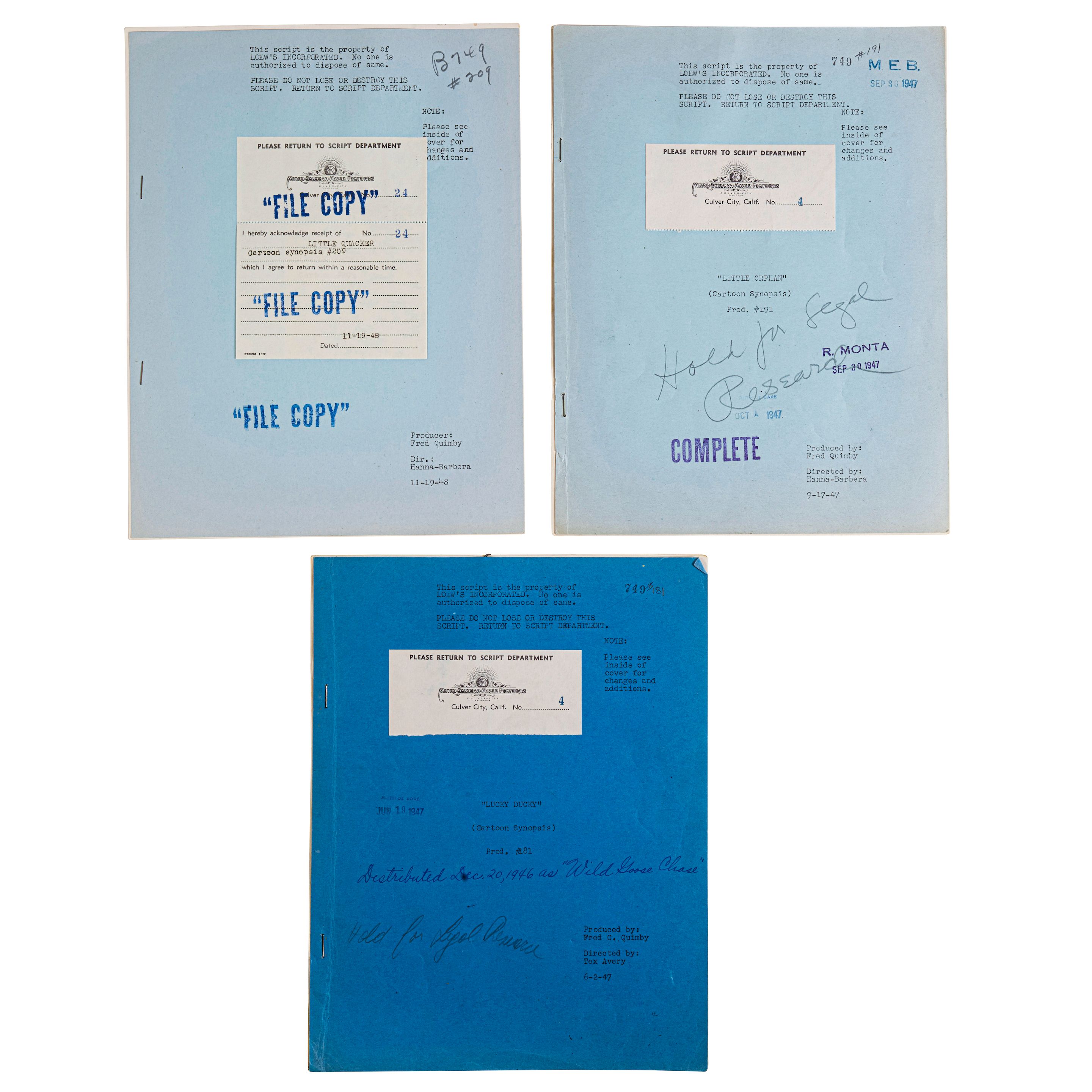 Bonhams : A Group of 3 MGM Cartoon Scripts by Hanna-Barbera and Tex Avery