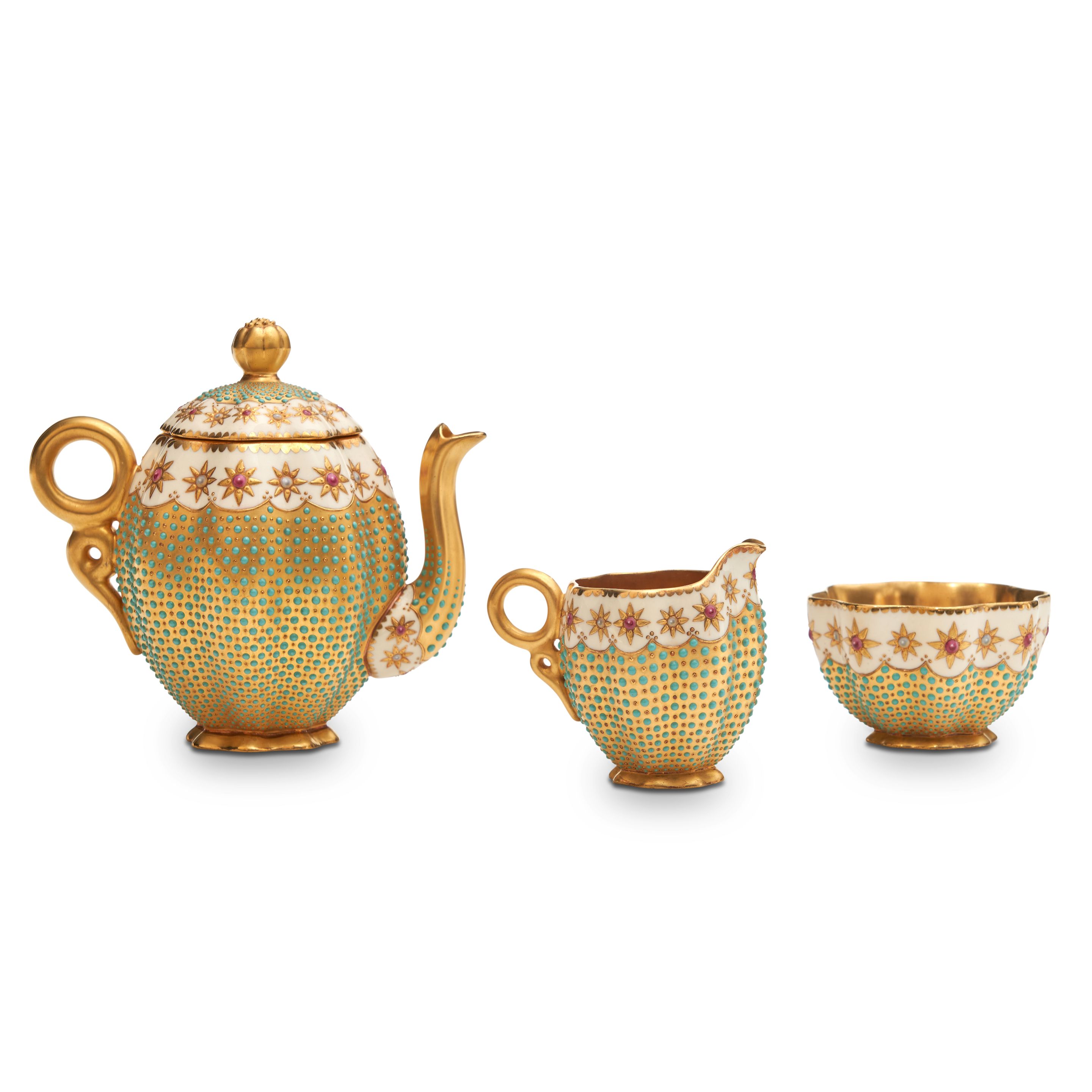 Bonhams Skinner : Three Piece Jeweled Coalport Porcelain Teaset ...